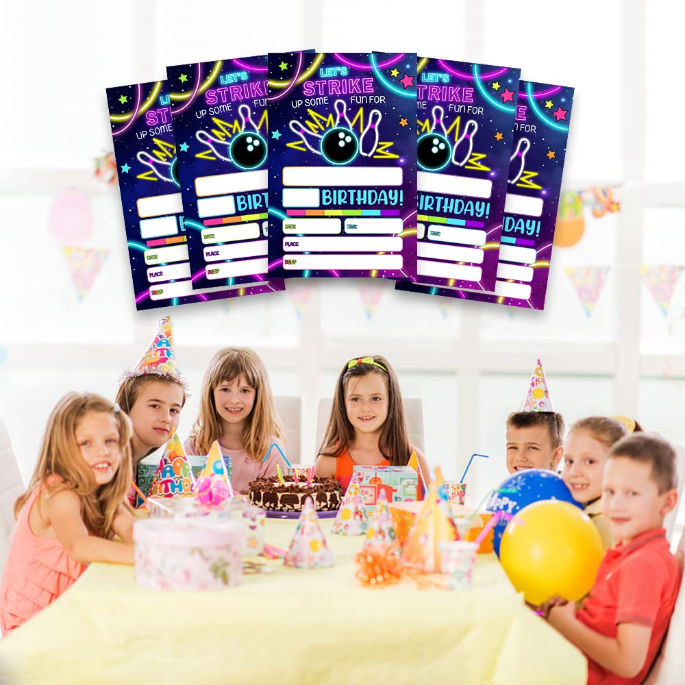 FujLoy Bowling Birthday Invitation, Bowling Birthday party Invitation Cards, Rainbow Neon Glow Bowling Invite.(052)