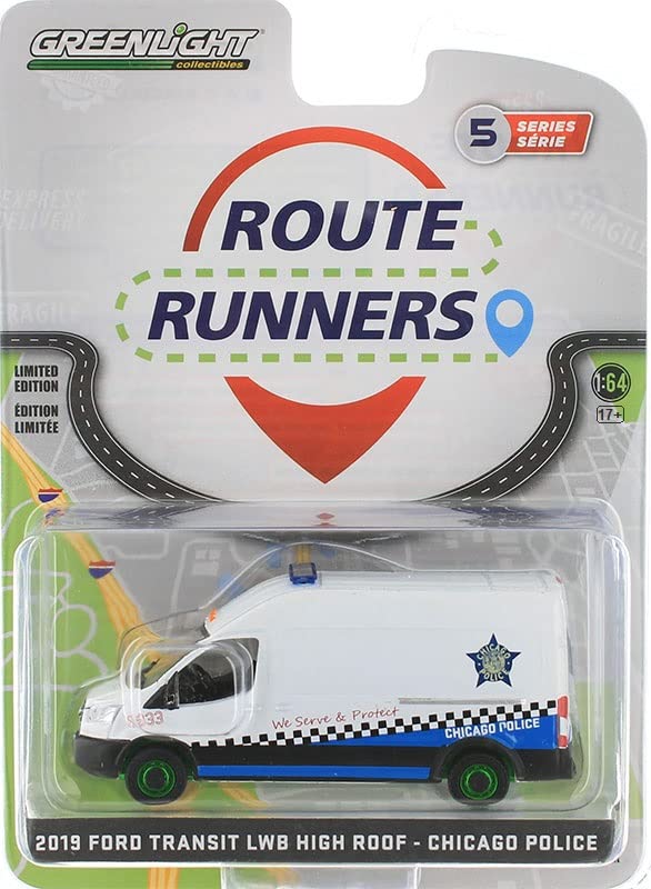 Greenlight 53050-B Route Runners Series 5 - 2019 Transit LWB High Roof - CPD Chicago Police We Serve & Protect 1:64 Scale Diecast