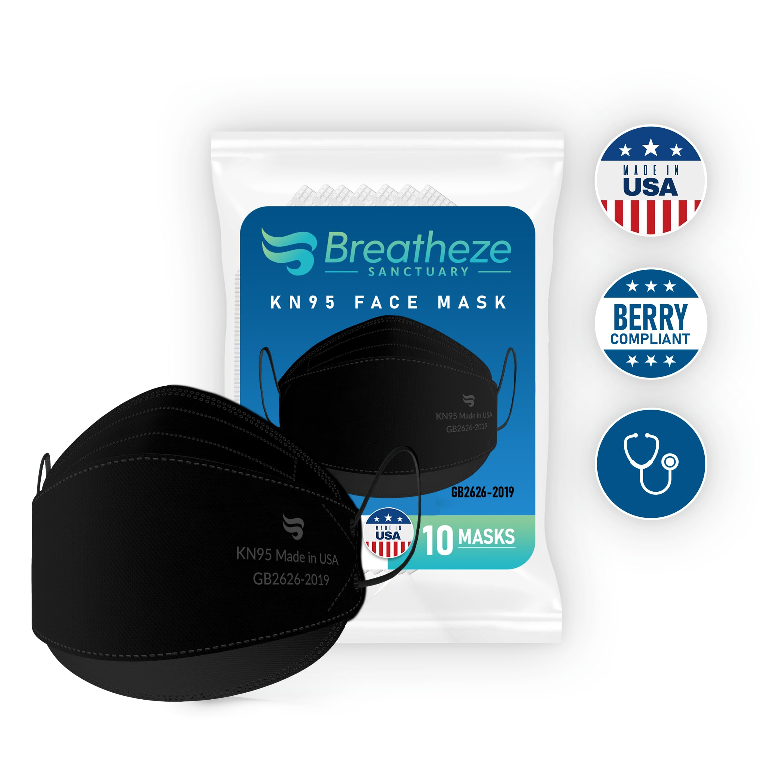 Breatheze KN95 Face Masks Made In USA FDA Registered - Disposable KN95 Mask - 3D Style, 10-pack Black
