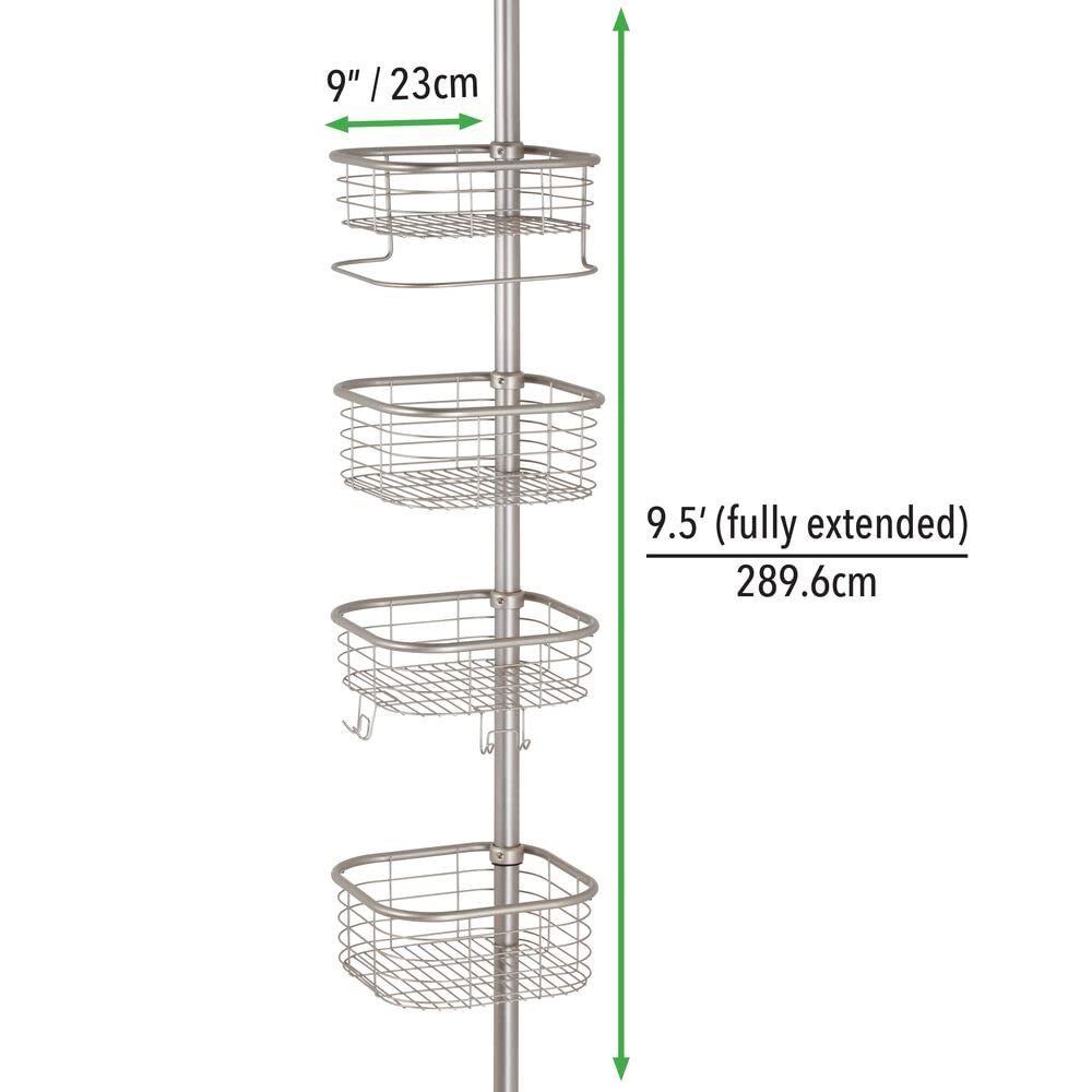 mDesign Bathroom Shower Corner Tension Pole Caddy with Adjustable Height - 4 Positionable Baskets for Organizing Shampoo, Conditioner, Shaving Cream, Soap, Loofah - Omni Collection - Satin