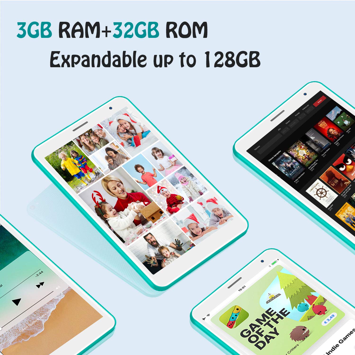 DUODUOGO Kids Tablet Android Newest Quad Core 1.6 Ghz 3GB RAM + 32GB ROM Storage, 128GB Expandable, WiFi, Tablet 8 inch 1280 x 800 HD IPS Display, Android 10, Dual Camera, 5000mAh, Bluetooth, GPS