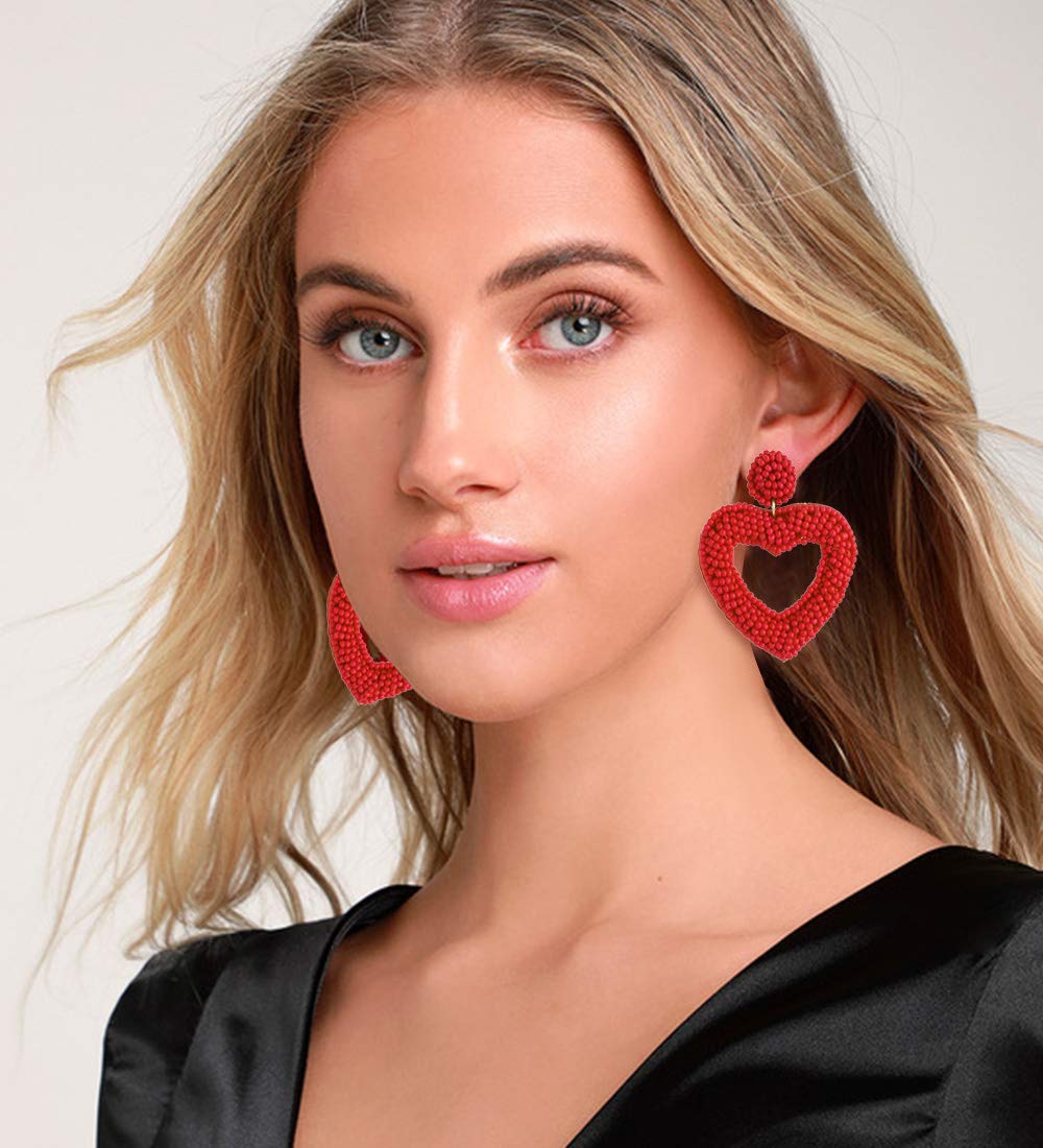 CEALXHENY Beaded Drop Earrings Handmade Seed Bead Heart Hoop Dangle Earrings Bohemia Statement Earring Studs for Women (Red)