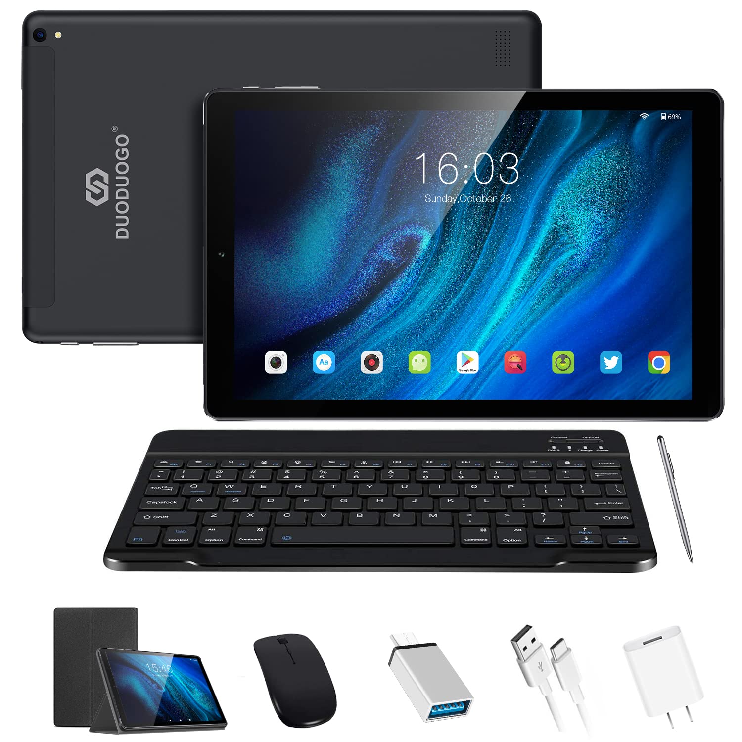DUODUOGO Tablet 2 in 1, Tablet 10.1 inch Android Tablet with Keyboard, Case Mouse Stylus, 4GB+64GB(128GB Expand), Dual SIM 4G Cellular+Wi-Fi, Quad-Core Processor,1920 * 1200 IPS HD Display (Black)