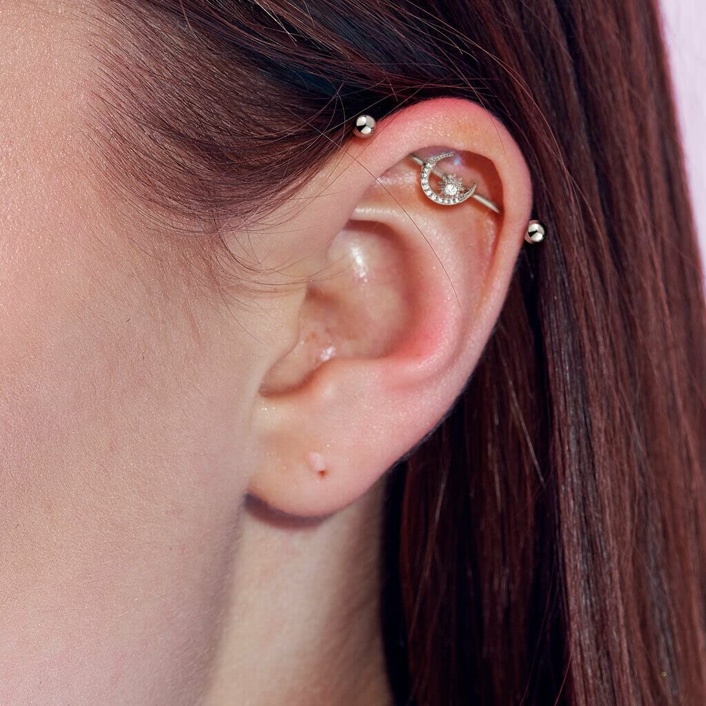 CZ Paved Moon with CZ Star Gold Steel Industrial Barbells 14g 1&1/2" - Rose Gold