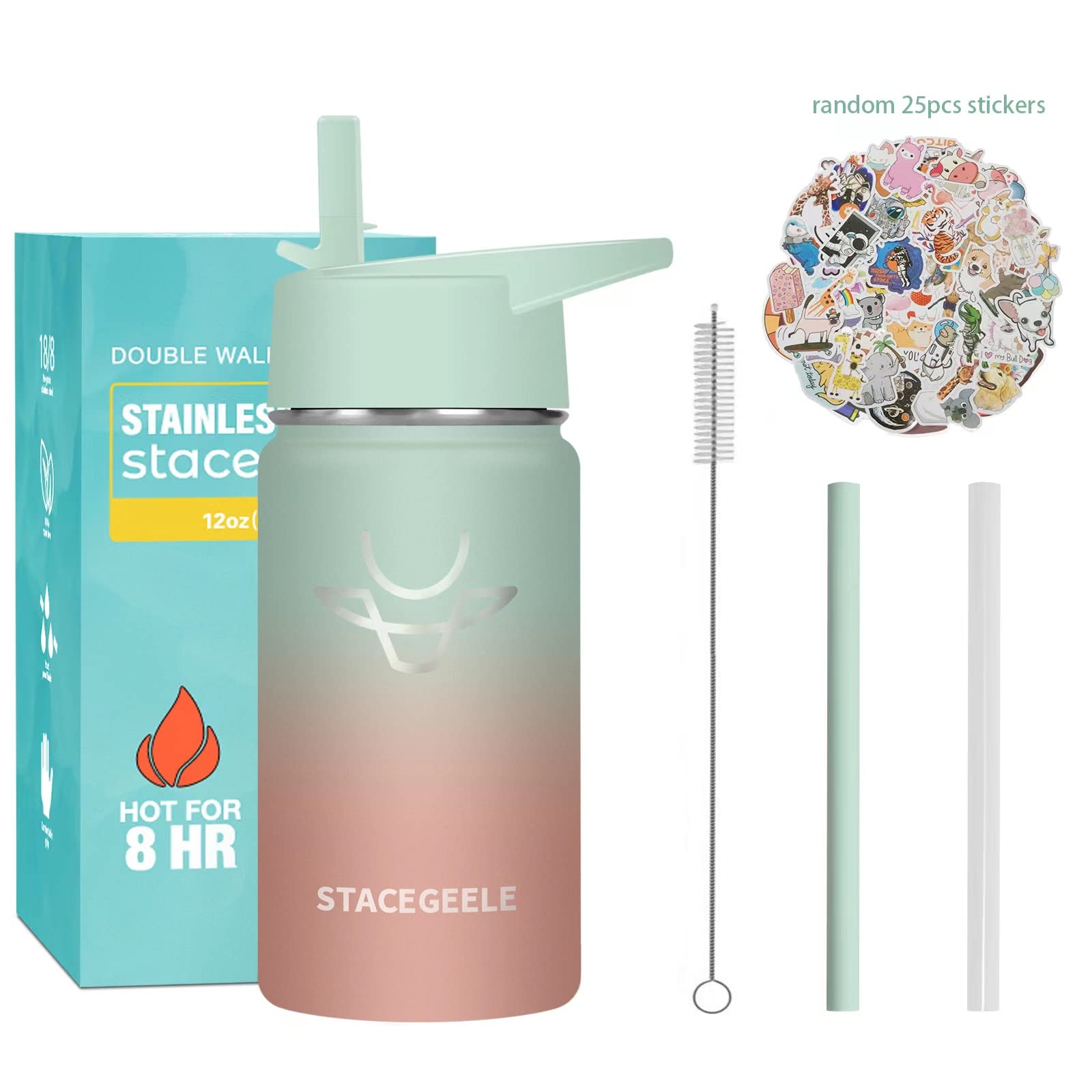 STACEGEELE Insulated Vacuum Water Bottle with Spout Lid & Screw on Top | Stainless Steel Flask For Kids Leak Proof Lightweight Eco Friendly 18oz / 24oz / 32 oz / 40oz (Mint Julep, 12OZ)