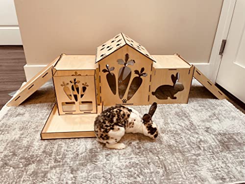 Indoor Bunny Rabbit Castle, Hideout and Wooden House Playset with Ramps, Hay Feeder & Waste Tray