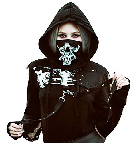 JUMISEE Women Goth Skeleton Hoodie Crop Top Iron Chain Long Sleeve Hooded Pullover Sweatshirt for Halloween Rave Festival Black