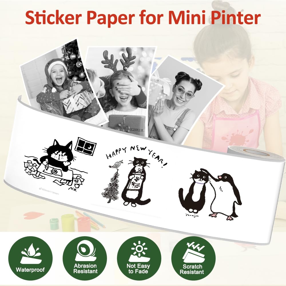 Greateam 57x30mm Thermal Sticker Paper Rolls Mini Printer Stickers for Study Notes Pictures and DIY, 6 Rolls Mini Inkless Thermal Printer Sticker Paper, Black on White