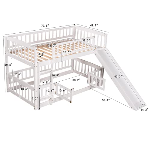 VilroCaz Twin Over Twin Low Bunk Bed with Door Openable Fence, Versatile Bunk Bed with Slide and Built-in Ladder, Solid Wood Bunk Bed Frame for Kids Teens Boys Girls (White)