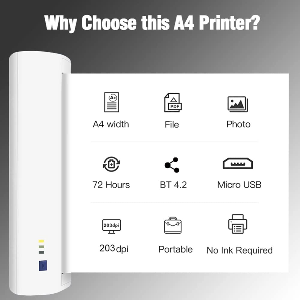 GAELOP DFHBFG A4 Portable Thermal Printer 210mm Mini Mobile Photo Printer 203dpi Support Printing PDF File Webpage Contract Photo Picture