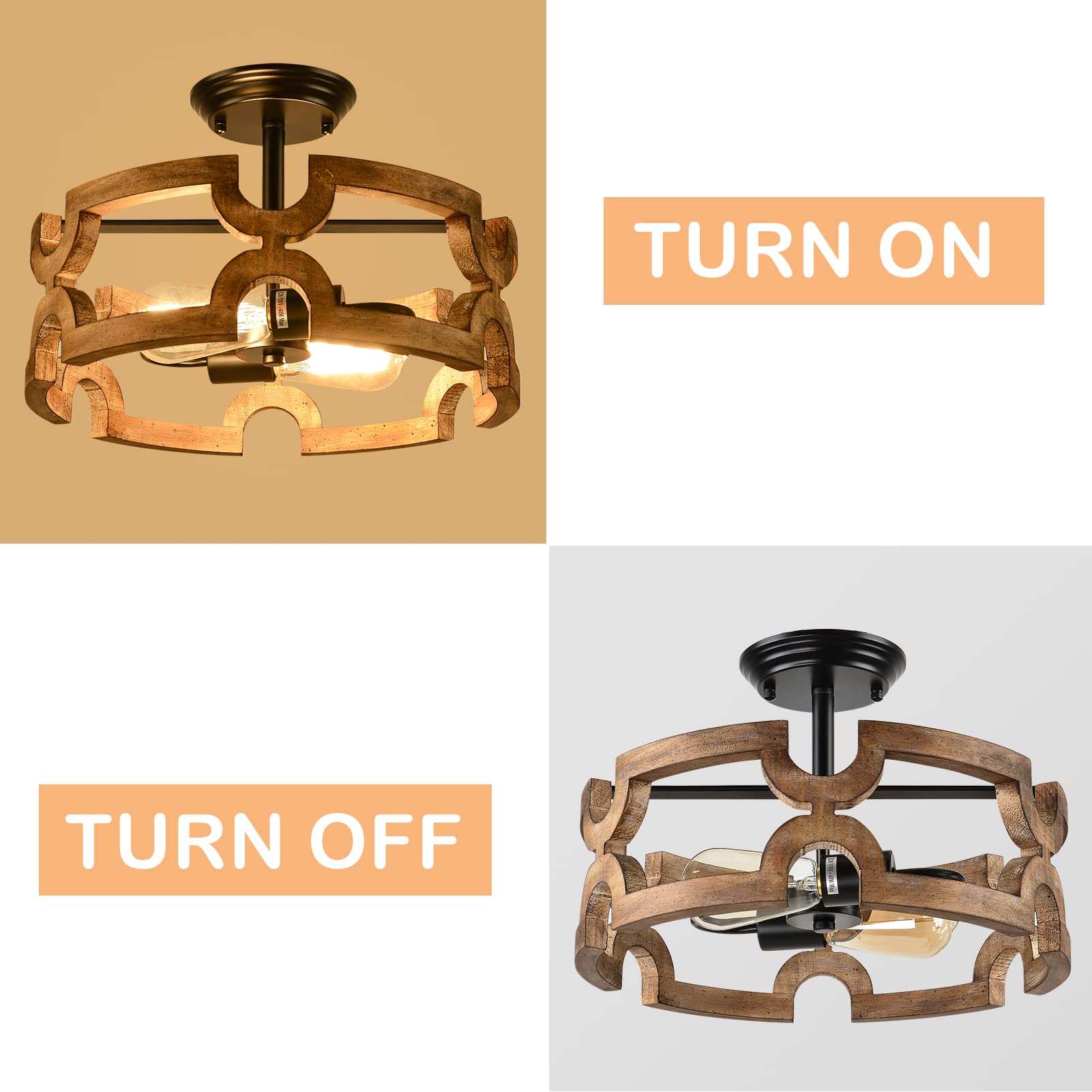 Bribyit Farmhouse Chandelier Light Fixture, Rustic Drum Semi Flush Mount Ceiling Light, 2-Light Wood Pendant Light with Sloped Accessories for Dining Living Room Foyer Kitchen,Height Adjustment