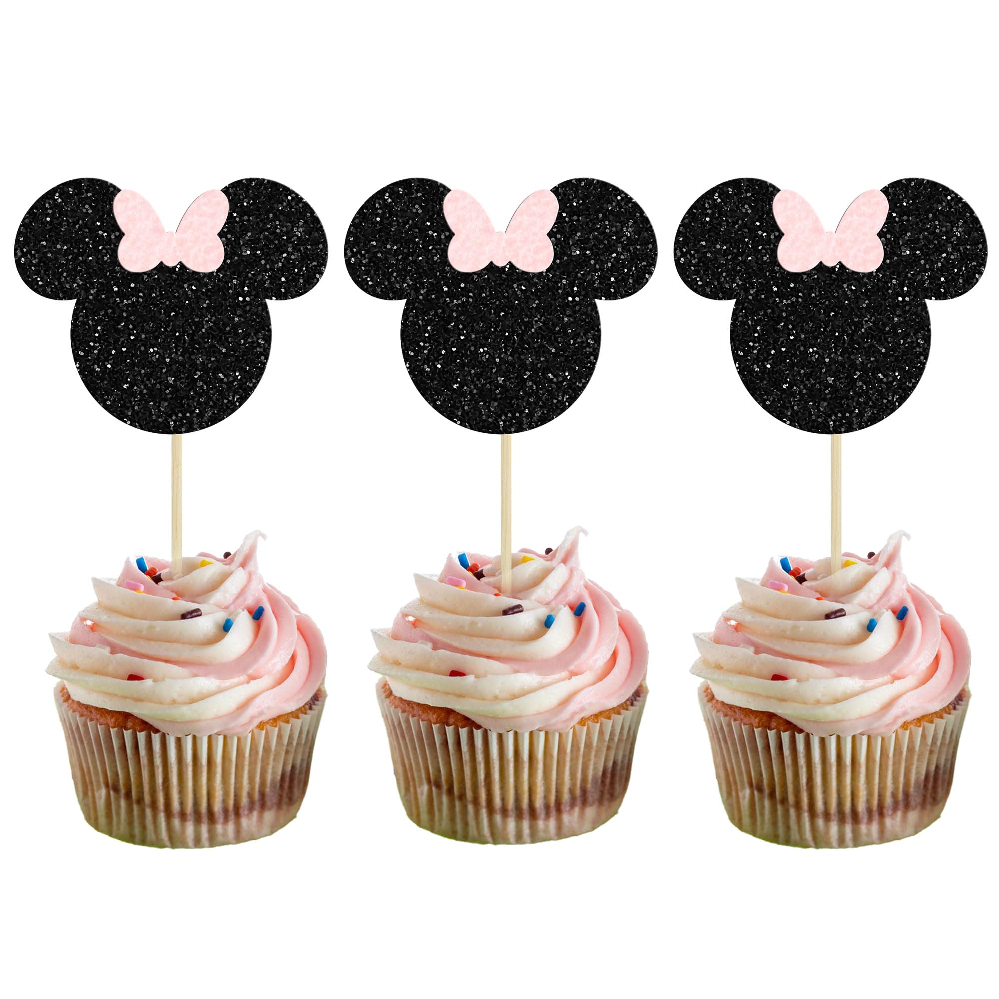 Gyufise Mouse Inspired Cupcake Toppers with Bow Black and Pink Glitter Mouse Cupcake Picks Baby Shower Wedding Kids Birthday Party Cake Decorations Supplies 36 Pack