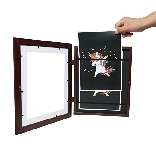 FrameWorks 10โ x 12.5โ Mahogany Wooden Kid Art Frame with Gallery Style Edges, Tempered Glass, and Elastic Straps 2-Pack
