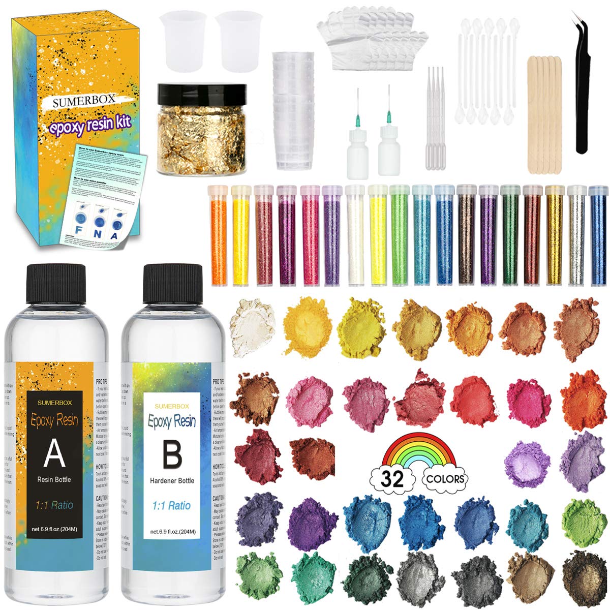 Clear-Cast-Epoxy-Resin-Kit, Cast Resin, Mica Powders, Measuring Cups, Tip Applicator Bottles, Gloves, Pipettes, Mixing Sticks, Clear Spoons