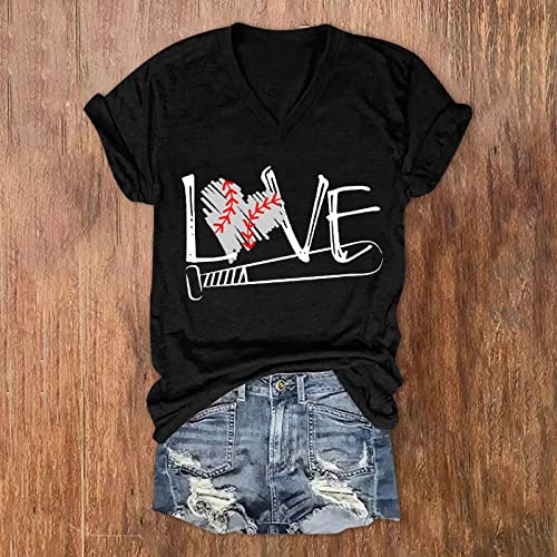 DUOWEI Women V Neck Casual Baseball Print Short Sleeve T Shirt