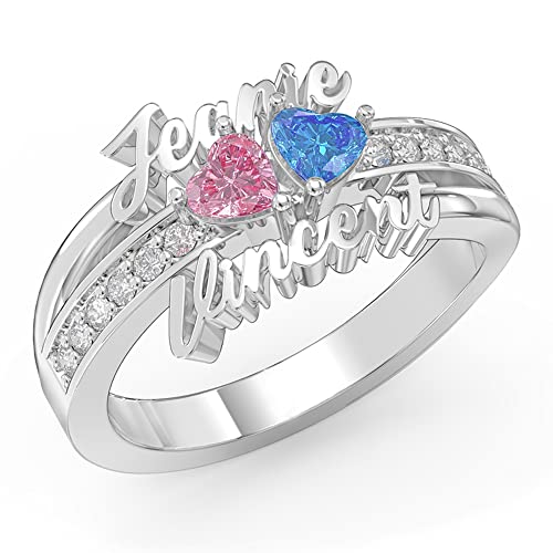 Custom Made 3D Names Ring for Women, Personalized 2 Birthstones Mother Ring 925 Sterling Silver Promise Rings for Her (9)