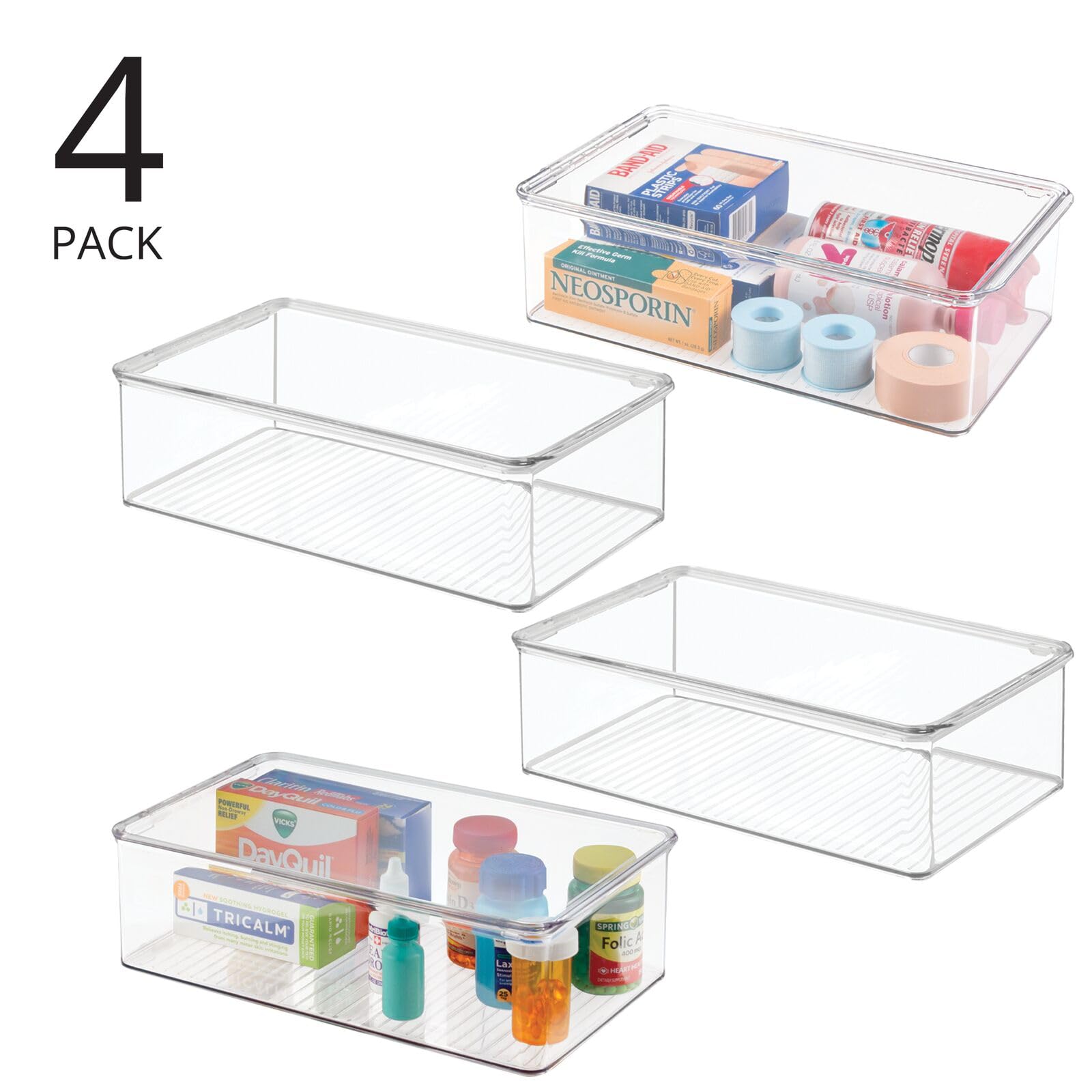 mDesign Plastic Bathroom Storage Organizer Box w/Hinge Lid for Closet Shelves, Cupboards, Holds Medicine, First Aid, Lotion, Cotton Swabs, Masks, and Styling Tools, Ligne Collection, 4 Pack, Clear