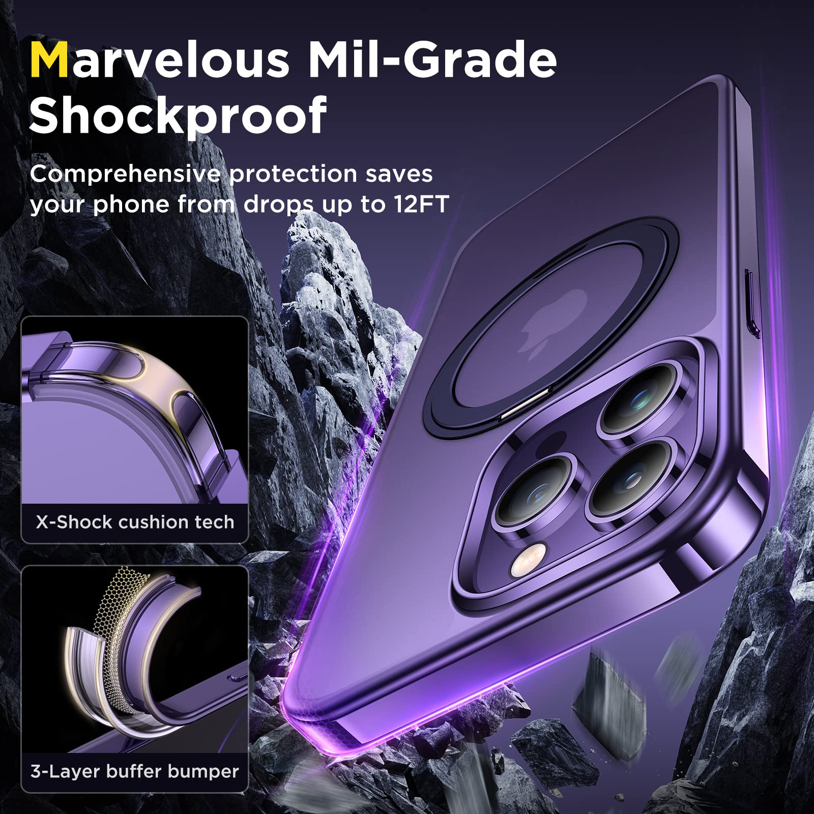 Juntone for iPhone 14 Pro Max Case with 360° Rotatable Magnetic Ring[Compatible with Magsafe][Invisible Kickstand] 12FT Military Shockproof Translucent Matte Back Slim Phone Cover 6.7", Purple