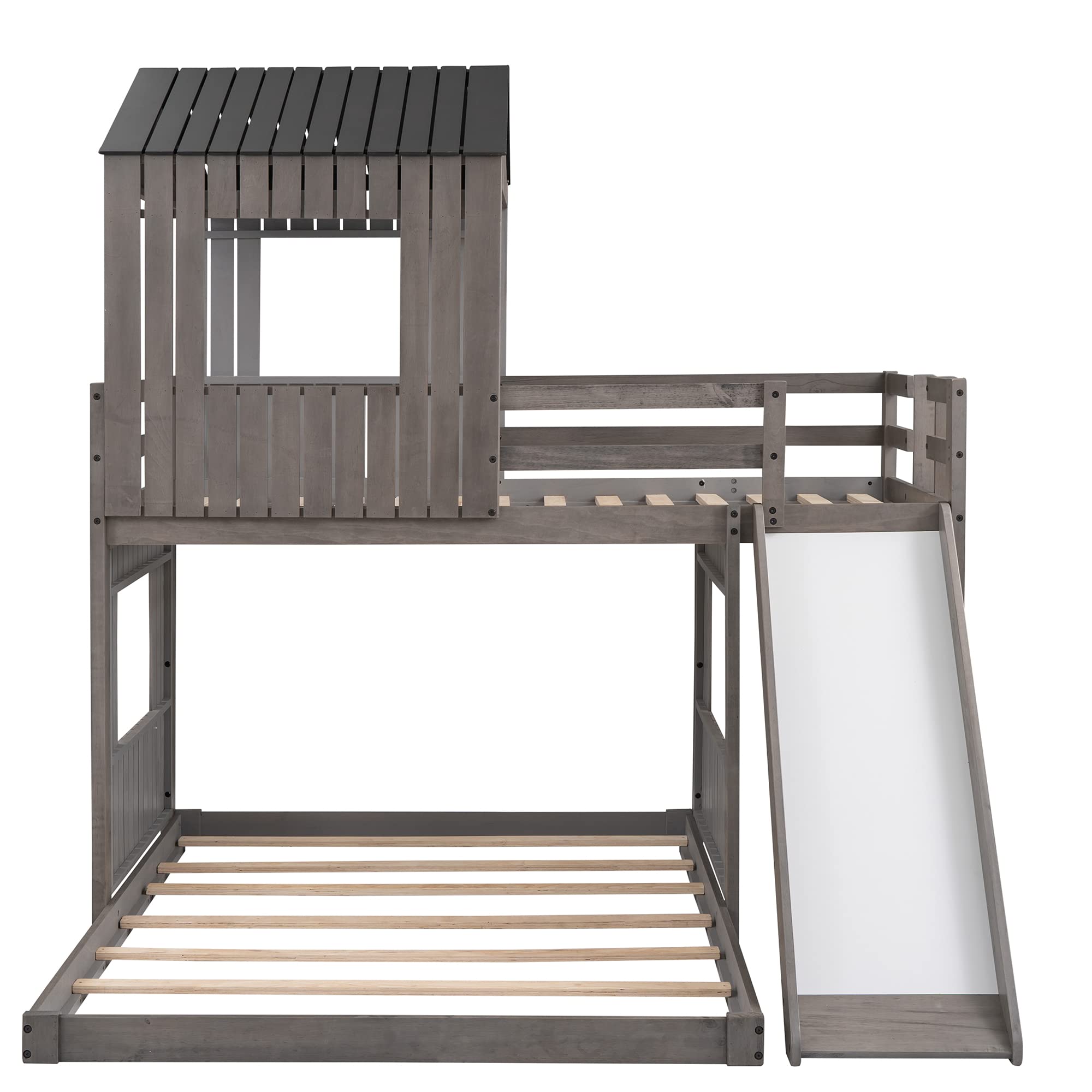 Harper & Bright Designs Twin Over Full Bunk Bed Frame, Solid Wood House Bunk Bed with Roof, Window, Guardrail and Ladder,Floor Bunk Beds Twin Over Full Size for Kids, Teens, Boys & Girls (White)
