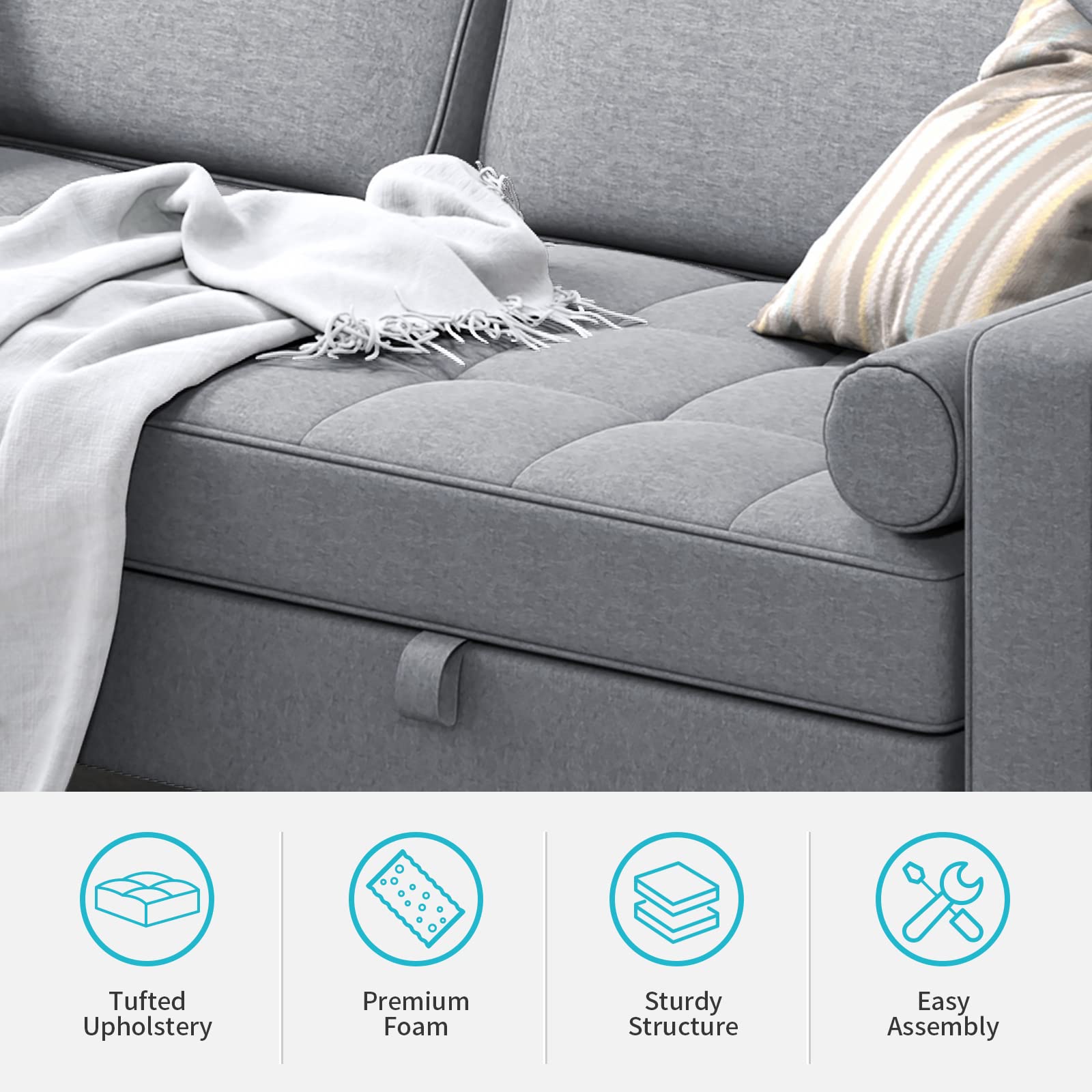 CECER Reversible Sleeper Sofa Bed with Cushion, Modern Pull Out Futon Couch Bed for Living Area, Big 2-in-1 Couch for Apartment, Office, Bedroom, Light Grey