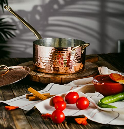 DEMMEX 1.2mm Thick Hammered Uncoated Copper Saucepan with Lid & Helper Handle, Food-Safe Tin Lined (1.7-Quart)