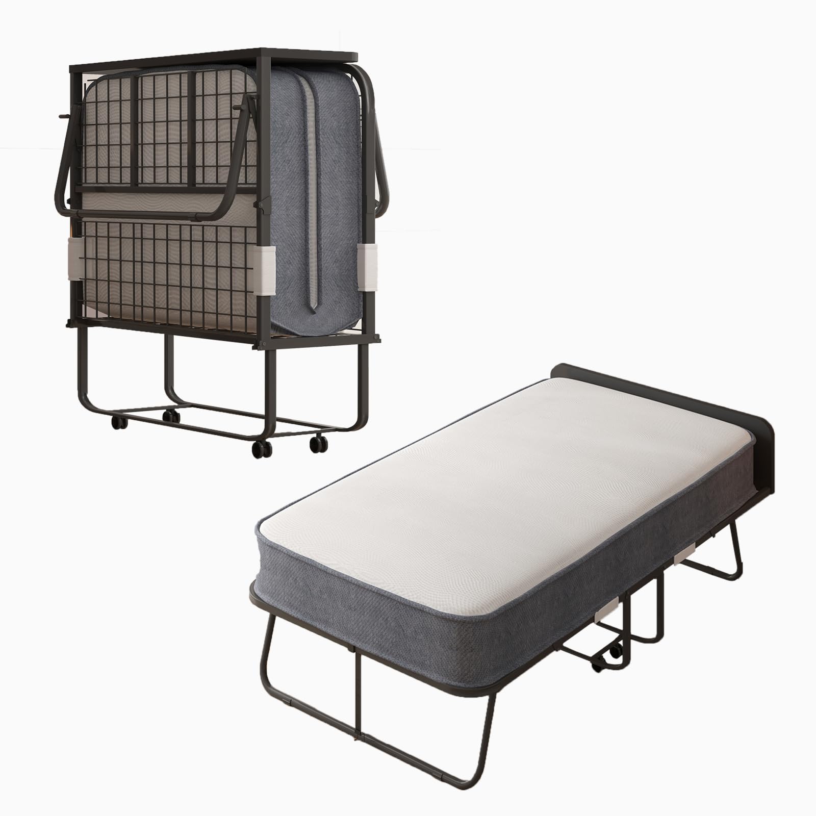 CECER Twin Size Folding Bed with 4 Inch Foam Mattress, 75" x 38" Rollaway Bed, Space-Saving Guest Bed, Portable Foldable Extra Bed for Adults with Sturdy Metal Frame, Easy Moving (Standard)