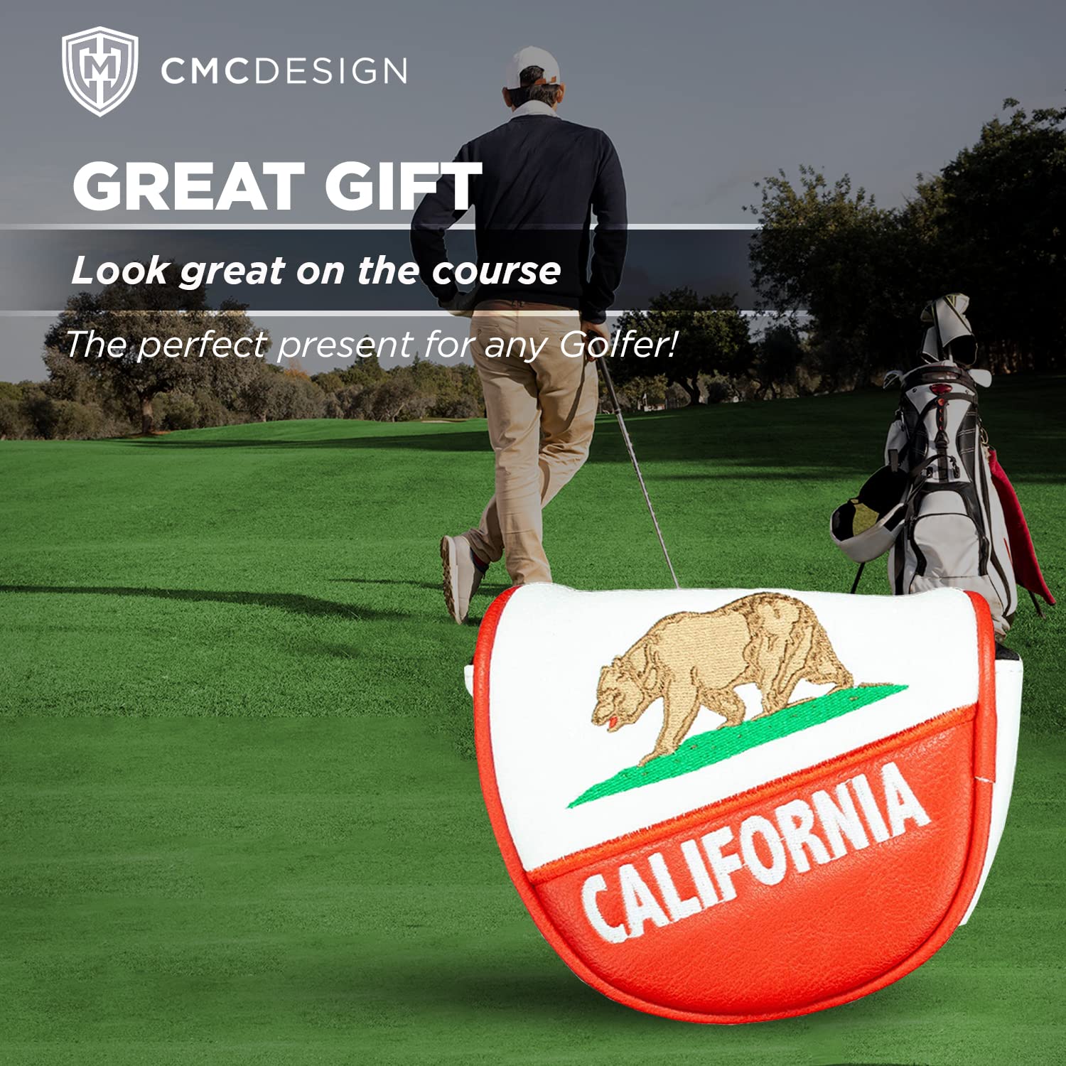 CMC Design Golf Mallet Head Cover - Custom California Bear Embroidered Golf Driver - Premium Faux Leather, Beautiful Design Elements & Soft Protective Lining β Great Fit for Any Mallet & Golfer