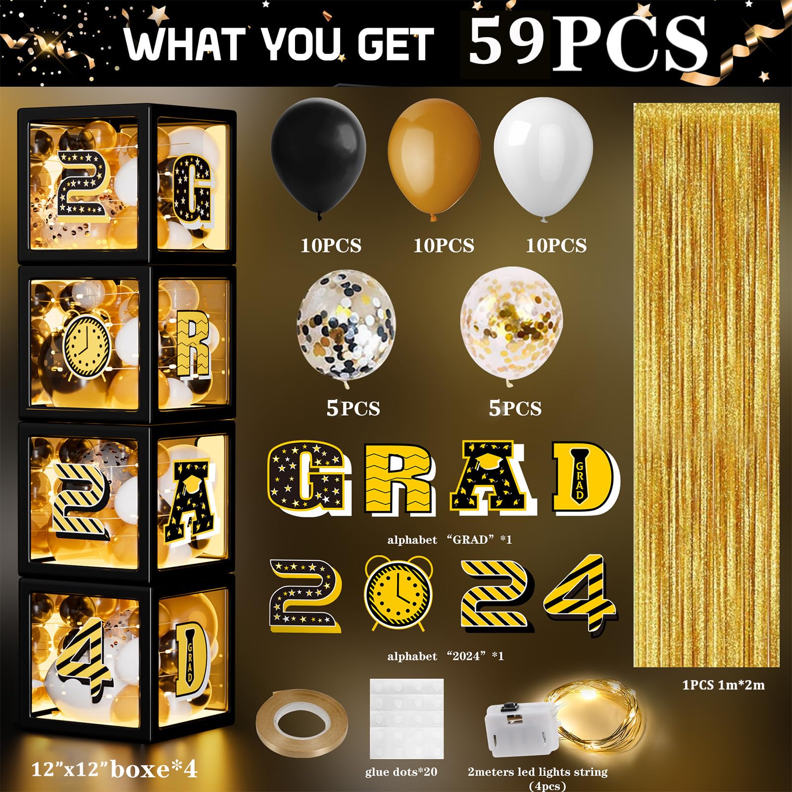 Graduation Decorations Class of 2024, 4 Black Gold Balloon Boxes with Letters Includes LED String Lights 40 Foil Balloons Backdrop for Middle College High School Grad Party Decor