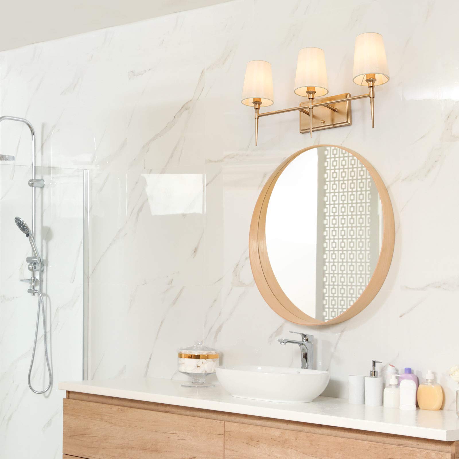 classy leaves Bathroom Light Fixtures, 3-Light Gold Vanity Lights, Modern Bathroom Vanity Light Fixtures with White Fabric Shade, 23’’ L x 6.5’’ W x 12’’ H