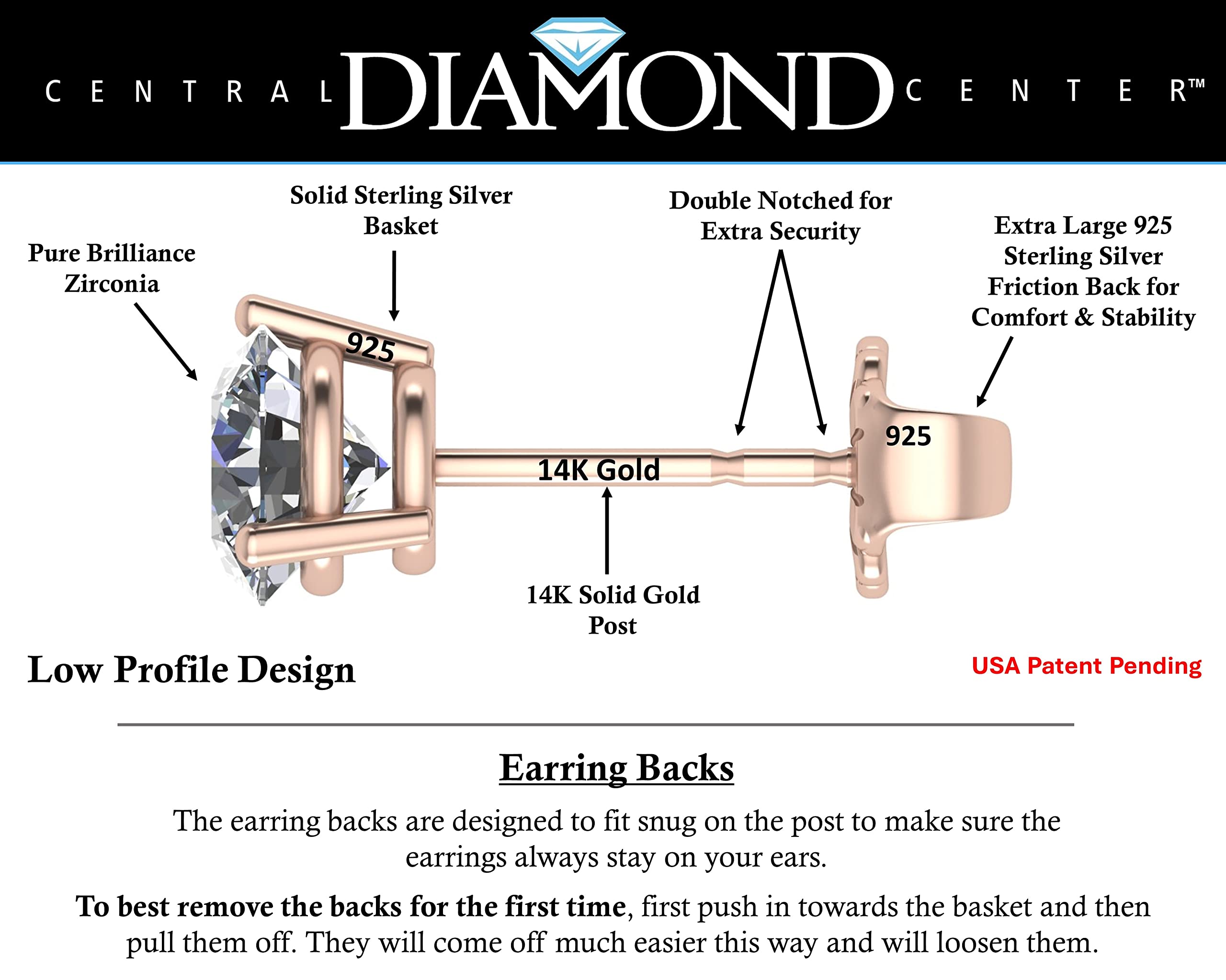 Central Diamond Center 14K Gold Post & Sterling Silver Zirconia 3 Prong Martini Stud Earrings - Rose Gold Plated 5.25mm 1.00cttw