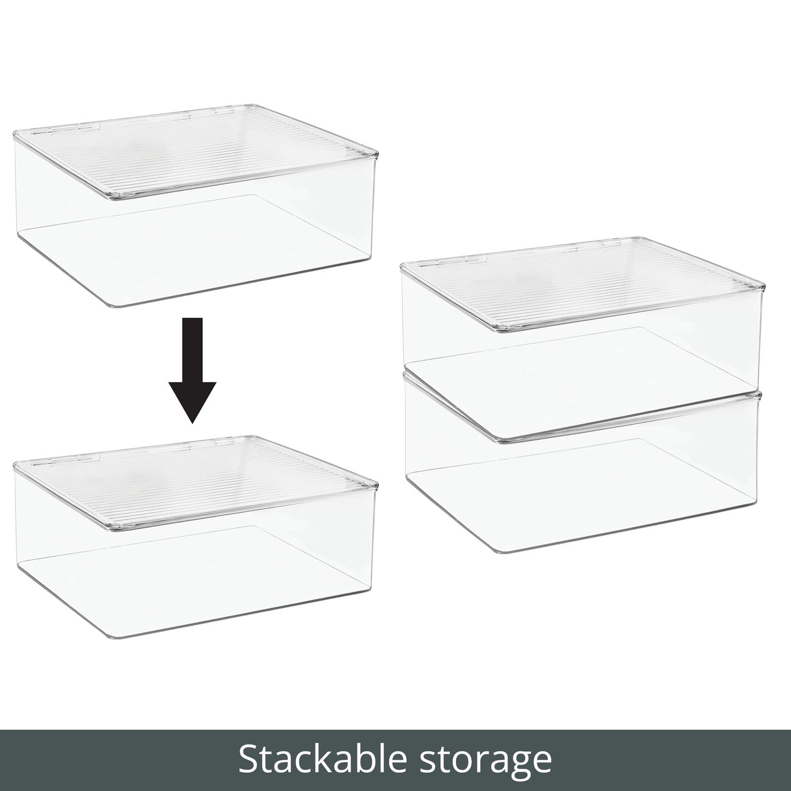mDesign Plastic Stackable Rectangular Storage Bin, Drawer or Cabinet Organizer with Lid, Container Box for Organizing Electronics, Crayons, Puzzles, Games, Toys - Ligne Collection - 2 Pack - Clear
