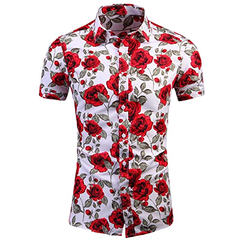 DUOWEI Summer New Mens Slim Print Short Sleeve Shirt Plus Size Fashion Casual Beach Polyester Shirt White