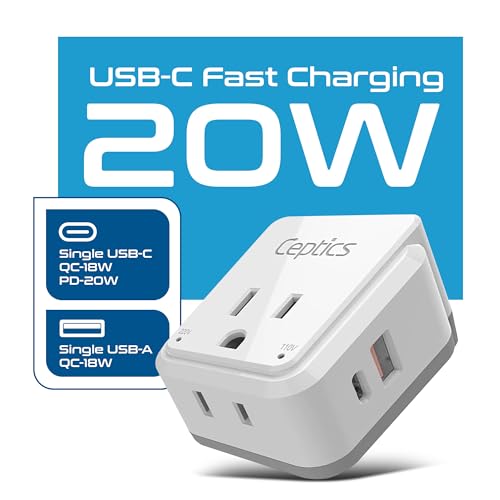 Ceptics Israel, Jordan Power Plug Adapter Travel, 20W PD & QC, Safe Dual USB & USB-C 3.1A -2 USA Socket - Use in Jerusalem, Palestine, UAE - Includes Type H, Type C, Type G Swadapt Attachments