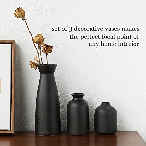 KIOXOHO Black Ceramic vase Set-3 Small Flower vases for Decor,Modern Rustic Farmhouse Home Decor,Decorative vase for Pampas Grass&Dried Flowers,idea Shelf,Table,Mantel,entryway,Bookshelf Decor