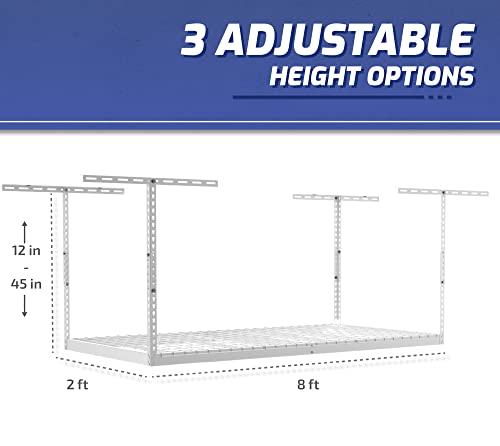SafeRacks β 2x8 Overhead Garage Storage Rack - Height Adjustable Steel Overhead Storage Rack - 400 Pound Weight Capacity (White, 12"-21")