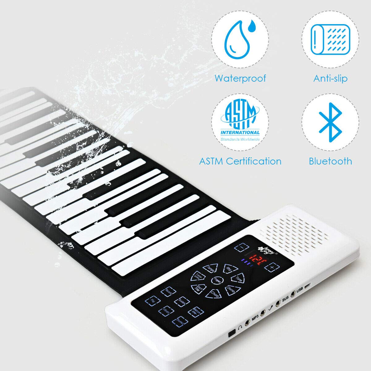 Costzon Roll Up Piano - Electronic 88 Keys Portable Piano Upgraded Silicone Touch Panel Keyboard with Bluetooth, MP3, Sustain Pedal, Recording, Built-in USB Rechargeable for Beginners Gift (White)