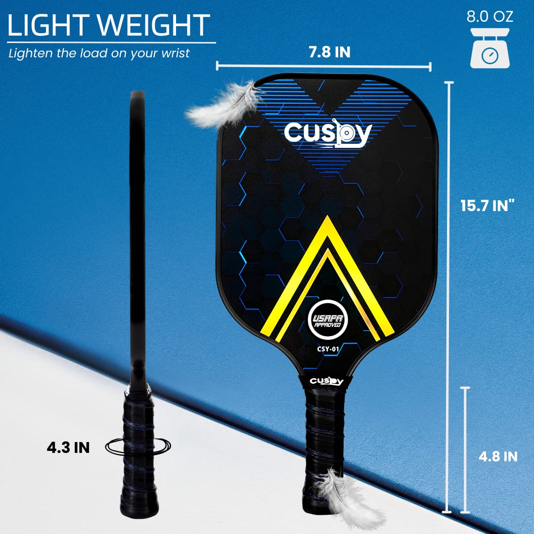 Cuspy USAPA Pickleball Paddles Set of 2 – includes 2 Pickleball Paddles with sturdy Graphite Surface and trendy Dark Blue color, 4 Balls, 2 Extra Grip Tapes, 2 Wristbands, and a durable Pickleball Bag