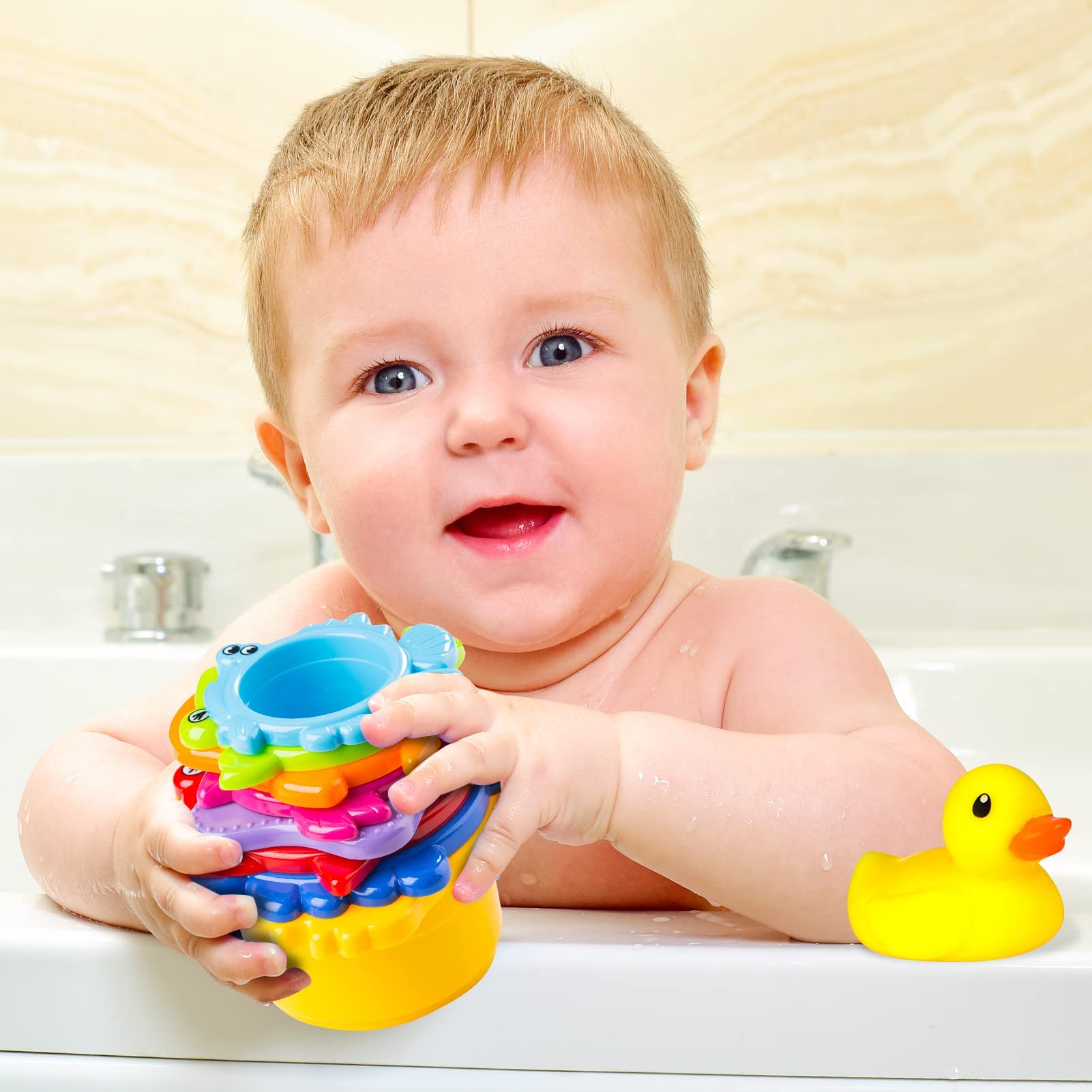 Stacking Cups Bath Toys for Toddlers, Rainbow Bath Cups for Baby 1-3 Years Old, Safe Infant Nesting Cups with Rubber Duckie for Fun Bath Time, Birthday Stocking Stuffers Early Learning Educational Toy