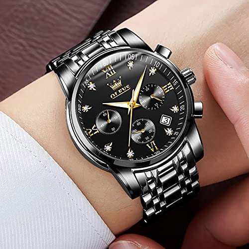 OLEVS Men Watches with Date Bussiness Watches for Male Luminous Quartz Mens Watches Waterproof with Stainless Steel Strap Stopwatch Timing Function (Black Band Black dial)