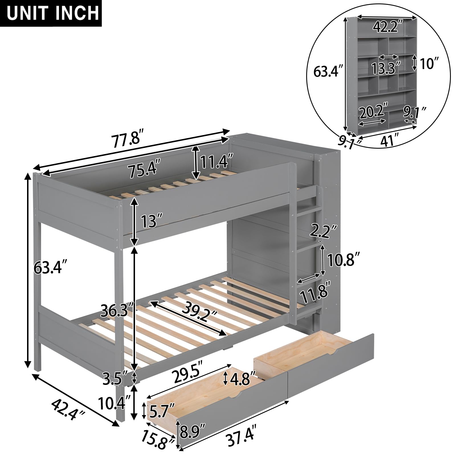 Harper & Bright Designs Twin Over Twin Bunk Beds with Storage Drawers & Bookshelves, Wood Bunk Bed Frame with Guardrails & Ladder for Kids, Teens, Adults (Gray)