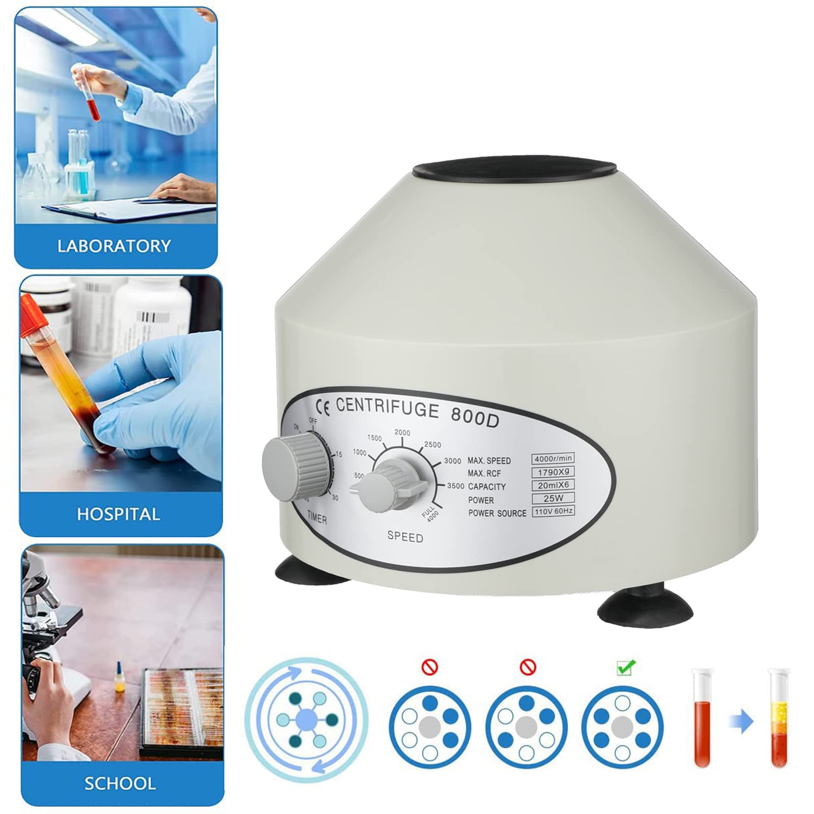 MECCTP Electric Lab Laboratory Centrifuge Machine Lab Medical Practice w/Timer and Speed Control, Max Speed 4000 RPM Capacity 6 x 20ml, Silver, 9.65inch×9inch