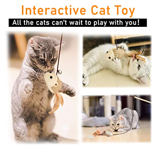 ROZZWILD Cat Teaser 3 PCS Interactive Cat Toys Set Mouse Hamster Balloon 16 inch (40 cm) Sturdy Natural Wood Rod Organic Hemp Cord Feather Elastic Rope Small Bell Catnip Lollipop