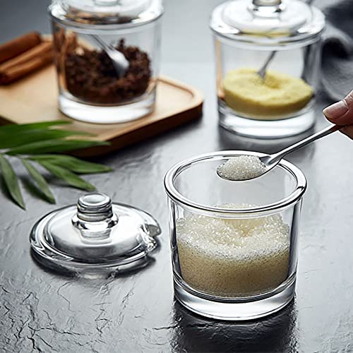 Frcctre Set of 2 Glass Sugar Bowl, 6 Ounces Clear Sugar Jar with Spoon and Lid, Salt Spice Pepper Bowl Seasoning Jar Condiment Pots Dispenser Container for Home Kitchen Coffee Bar