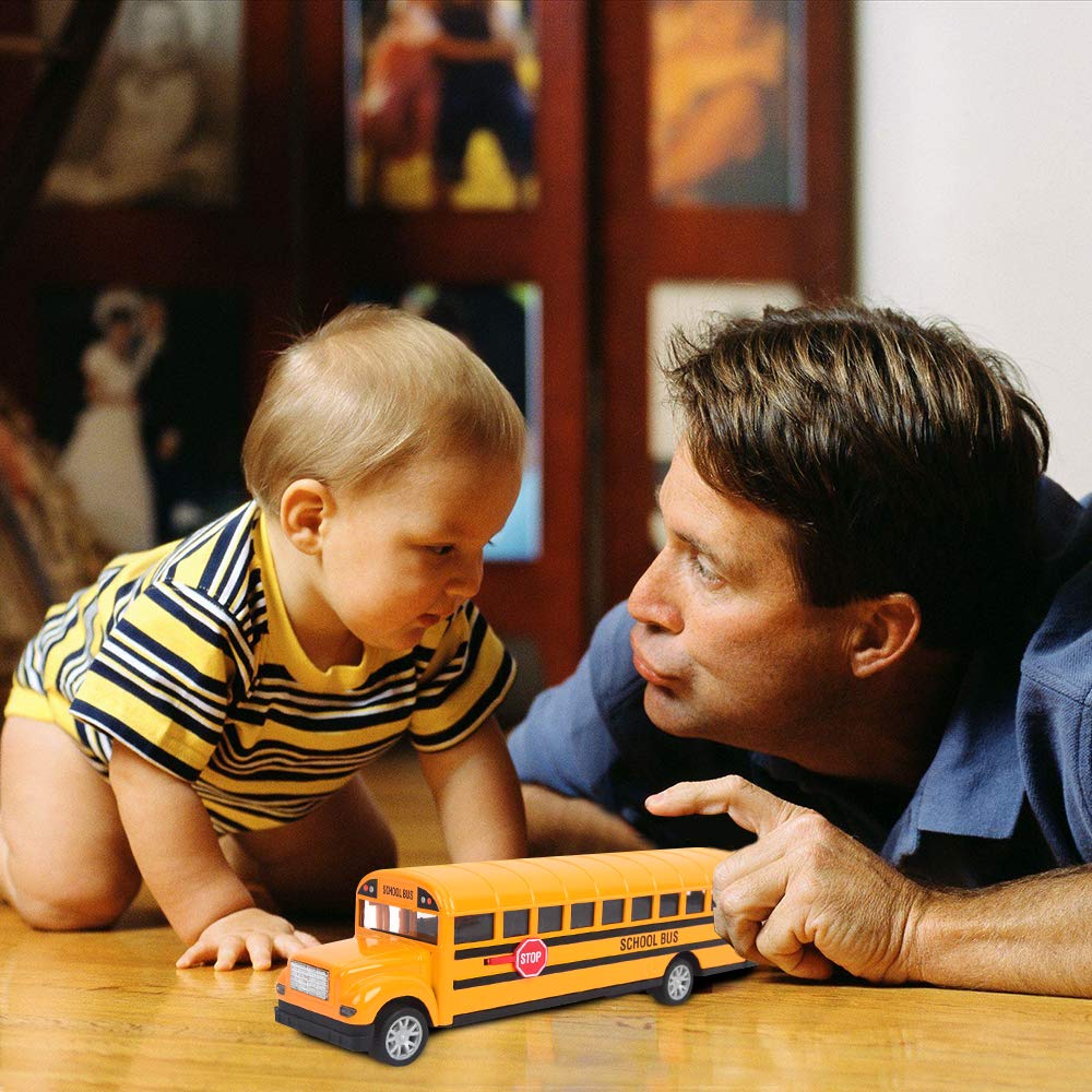 Think Wing School Bus Toy for Toddlers, 8.5 inch Die Cast Pull Back Cars Yellow Bus Play Vehicles with Pull Back Mechanism and Open Doors