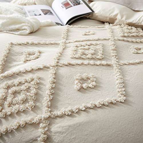 Oli Anderson Tufted Duvet Cover Queen Size, Soft and Lightweight Duvet Covers Set for All Seasons, 3 Pieces Boho Embroidery Shabby Chic Bedding Set (Beige, Queen, 90ββ x 90ββ)