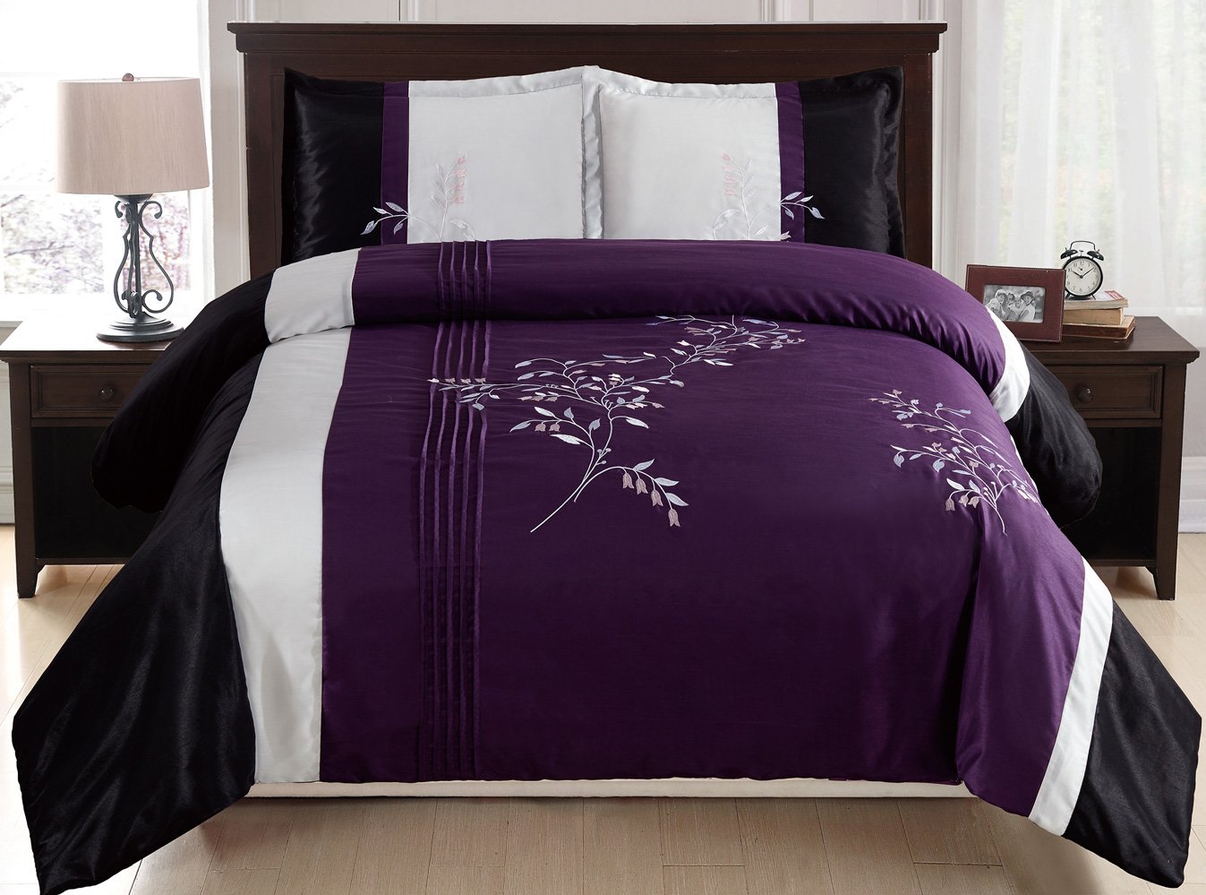 Grand Linen 3-Piece Dark Purple/Pink/Black Fine Embroidered Duvet Cover Set King Size - Bedding - Luxury, Ultra Soft and Durable