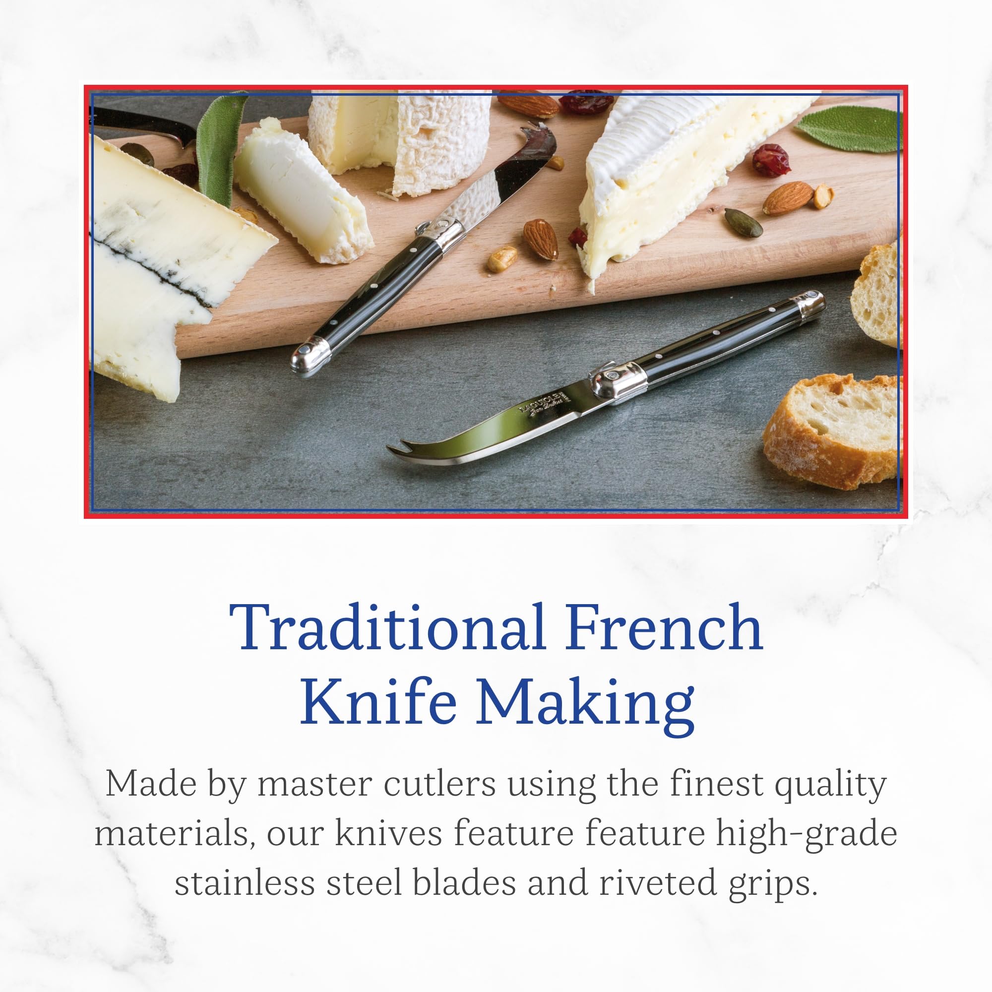 Jean Dubost Laguiole 3-Piece Cheese Knife Set, Paris-Colored Handles - Rust-Resistant Stainless Steel - Includes Wooden Tray - Made in France
