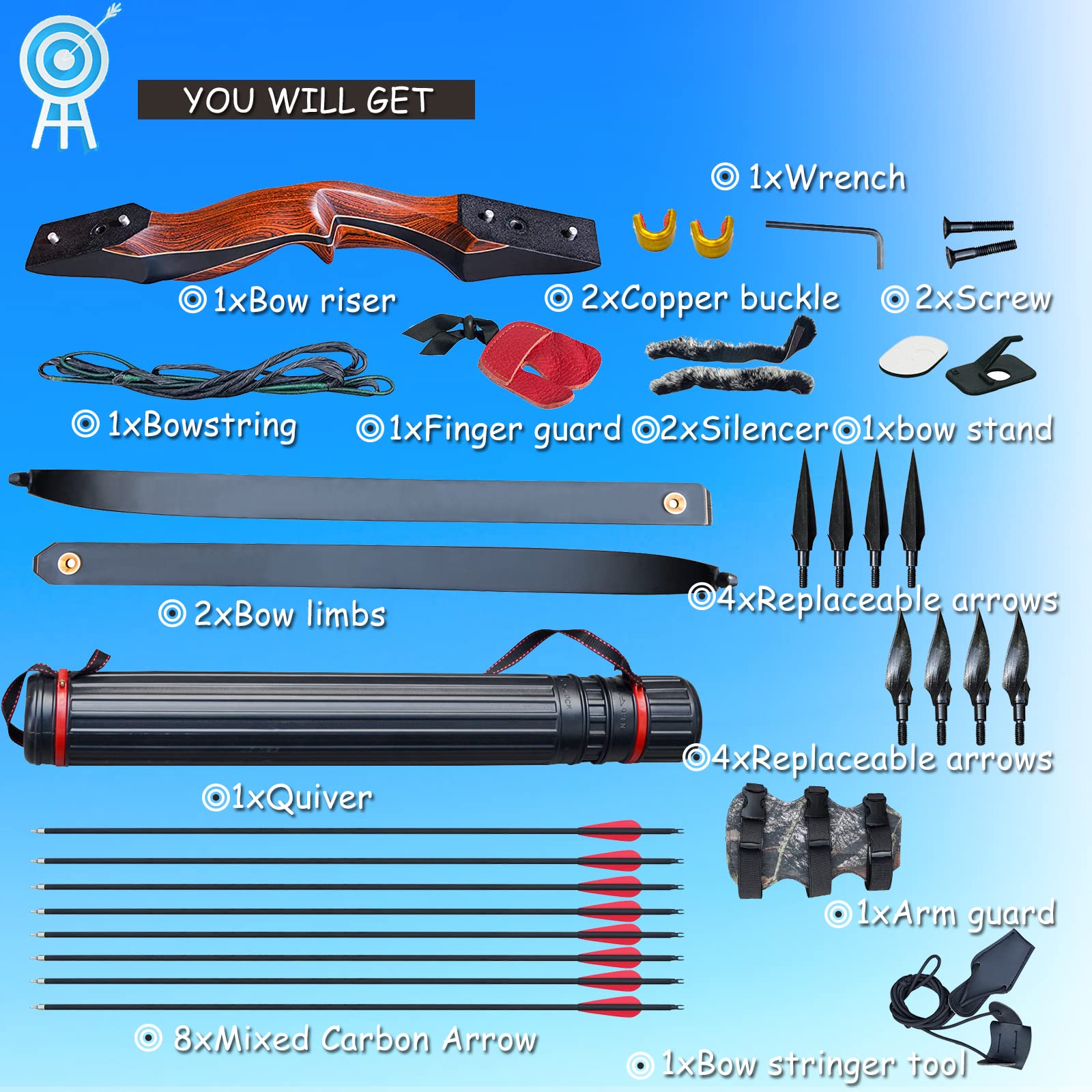 D&Q Archery 60" Takedown Hunting Recurve Bow and Arrows Set for Adults 30-45LB Wooden Right Hand Longbow Kit for Practice Competition (35LBS)