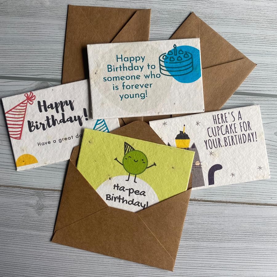 Habitage Seed Paper Birthday Greeting Cards - Set of 12 Eco-friendly Plantable Cards with Envelopes and Gift box | Variety Pack | Recycled Paper Embedded with Holy Basil seeds