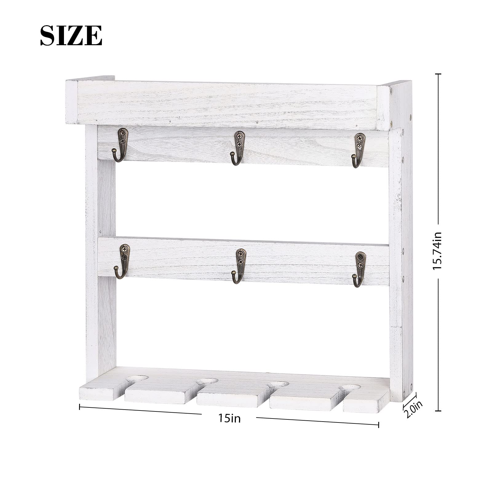 NANANARDOSO Wood Coffee Mug Holder Stand, Wine Glass Rack, Coffee Cup Holder Wall Mounted with 6 Hooks and 4 Stemware, Coffee Mug Rack for Home Kitchen Countertop Display and Collection, White